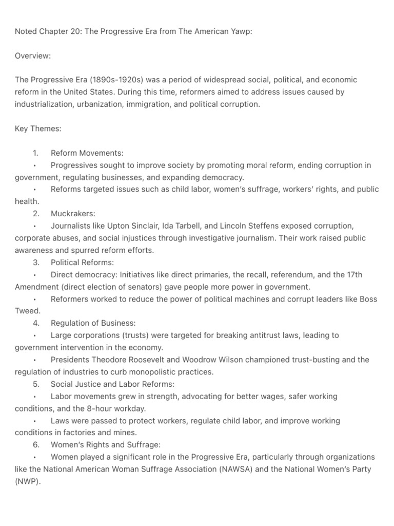 Notes Chapter 20: The Progressive Era From The American Yawp: PDF | PDF ...
