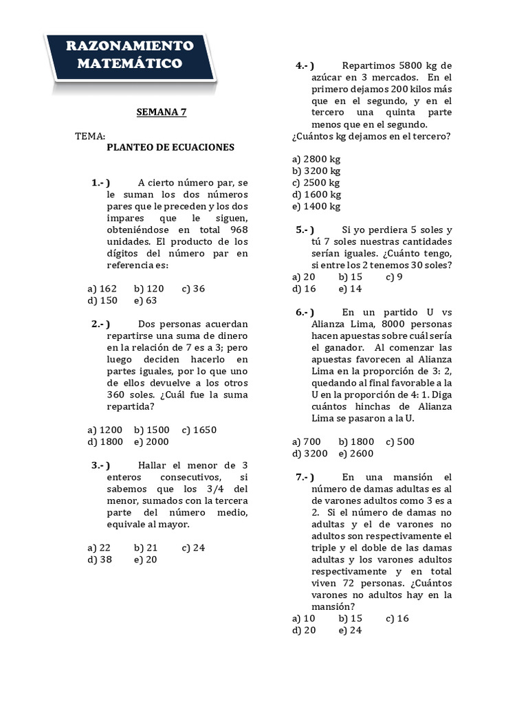 Semana 7 - PLANTEO DE ECUACIONES. | PDF