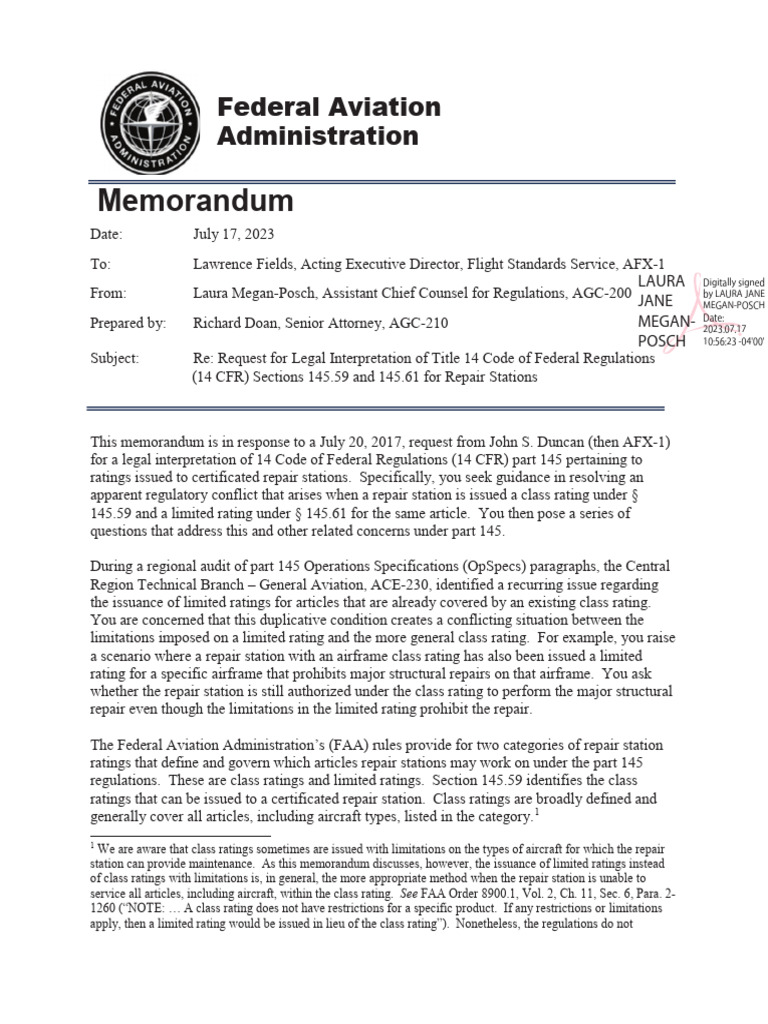Request For Legal Interpretation of Title 14 Code of Federal ...