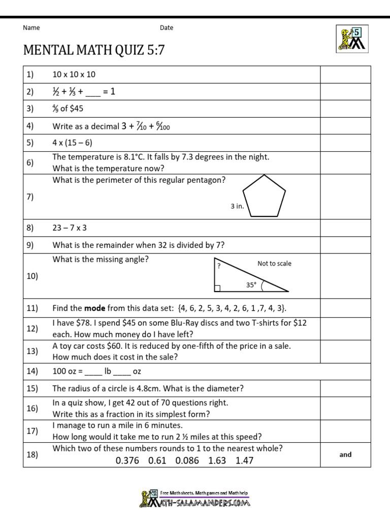 Mental Math 5th Grade 7 | PDF