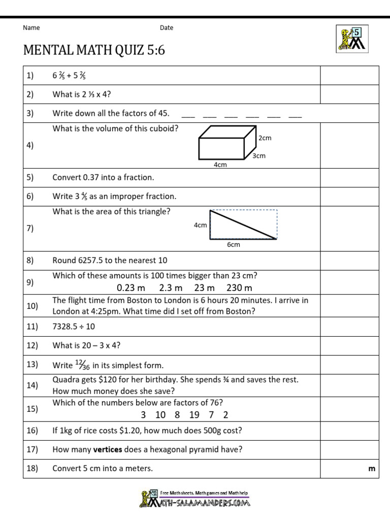 Mental Math 5th Grade 6 | PDF