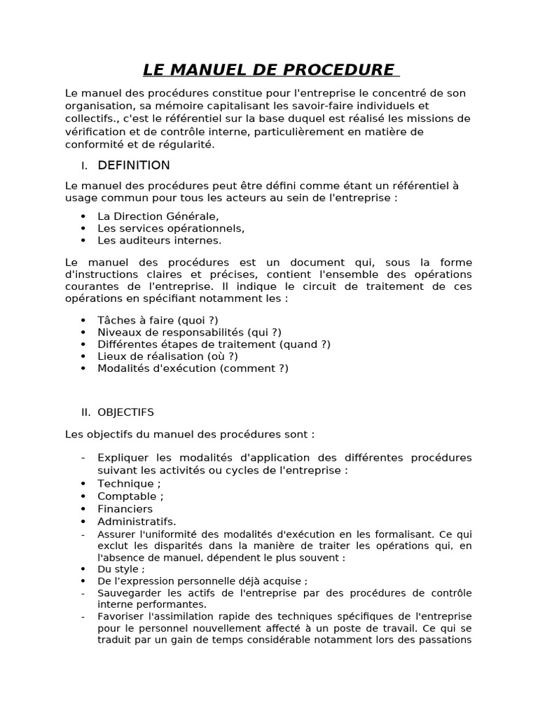 Le Manuel Des Procédures Constitue Pour L'entreprise Le Conc | PDF