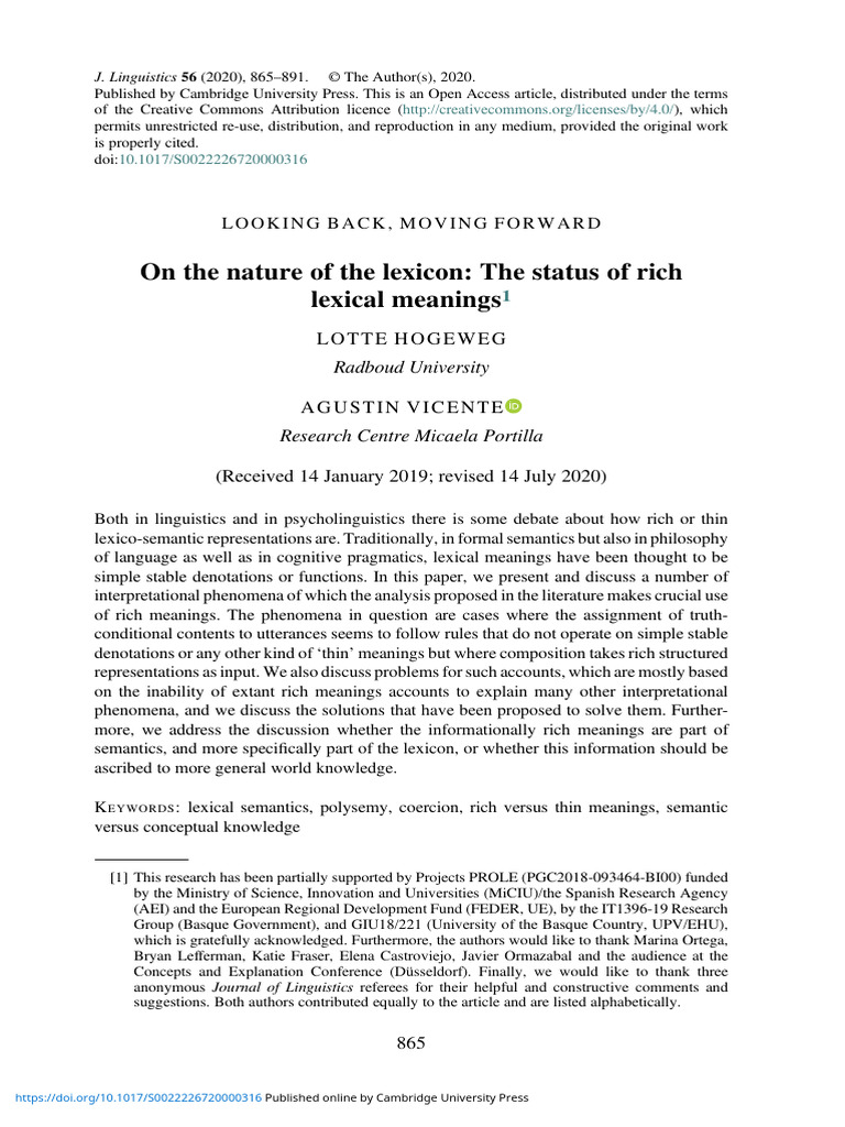 On The Nature of The Lexicon The Status of Rich Lexical Meanings | PDF