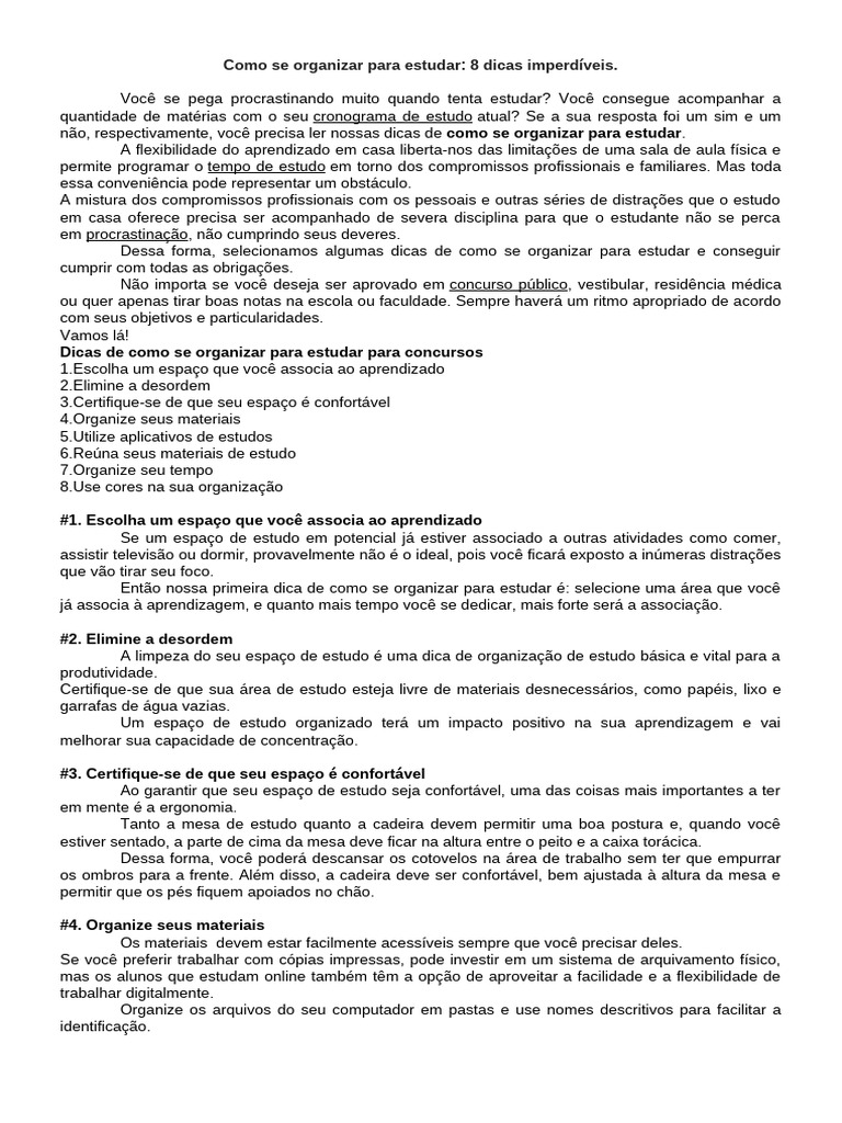 Como Se Organizar para Estudar | PDF | Aprendizado | Tempo