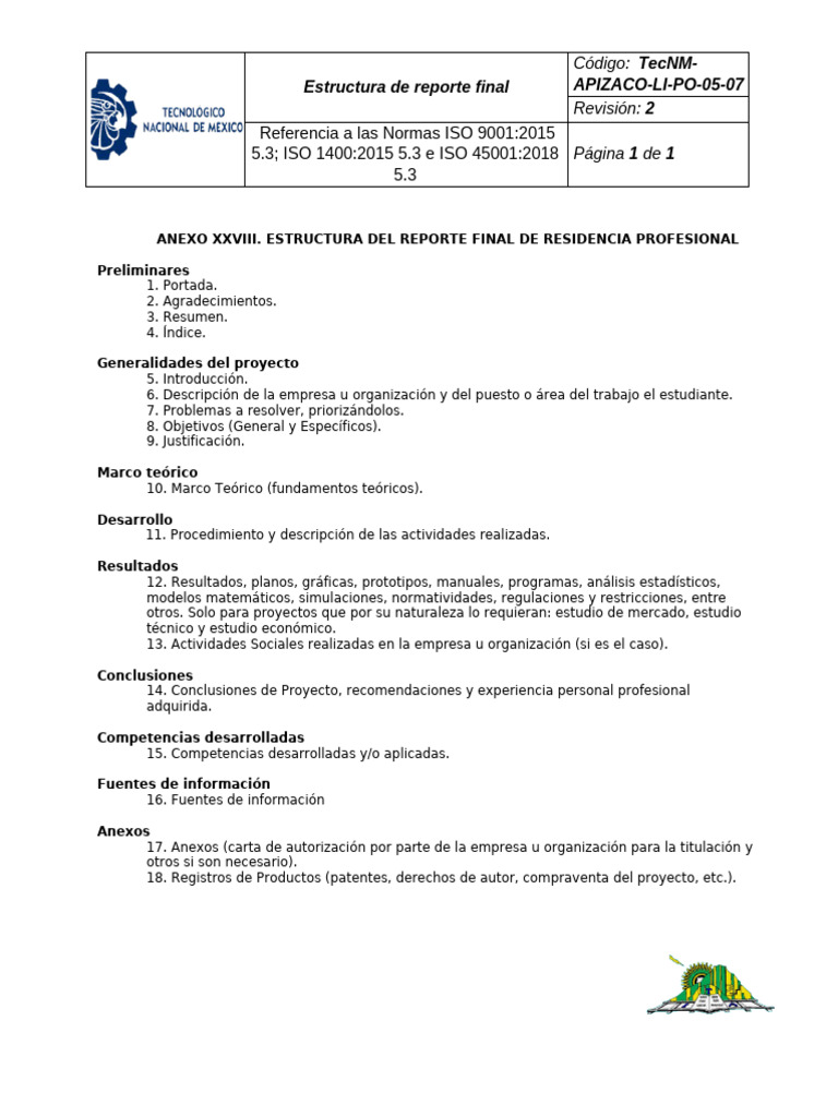 TecNM-APIZACO-LI-PO-05-07 Estructura de Reporte Final | PDF