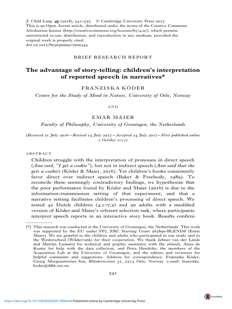 The Advantage of Story Telling Childrens Interpretation of Reported Speech in Narratives | PDF