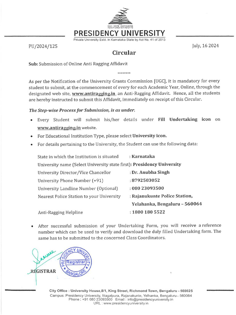 Circular (PU2024125) - Submission of Online Anti Ragging Affidavit | PDF