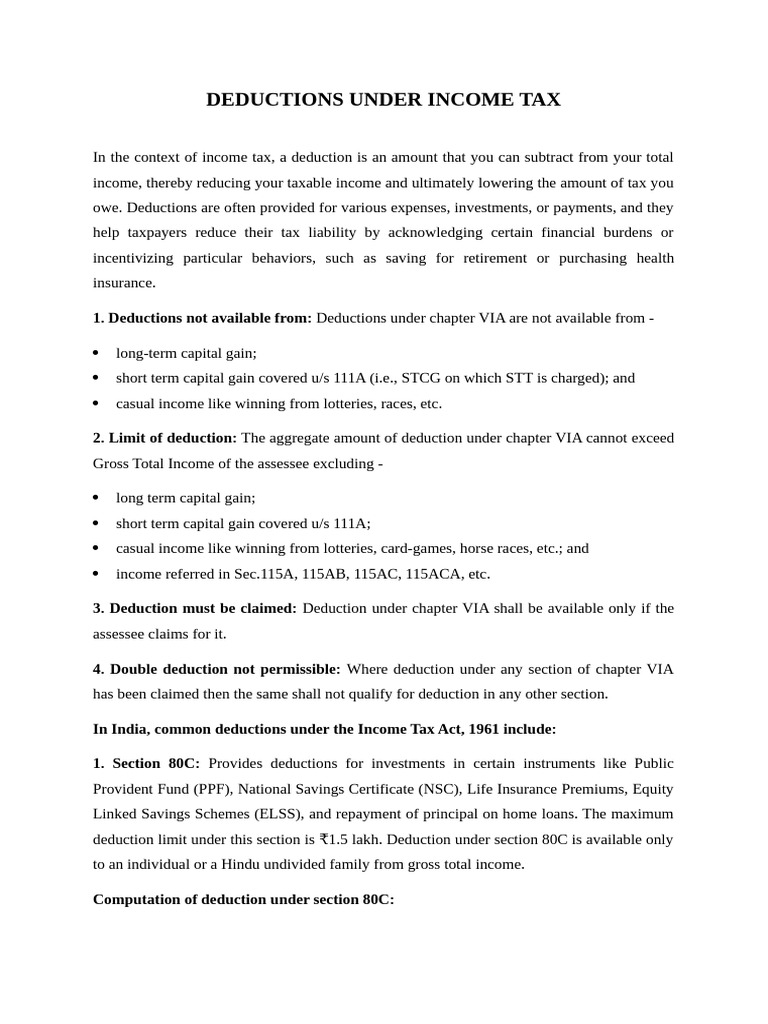 Deductions Under Income Tax | PDF