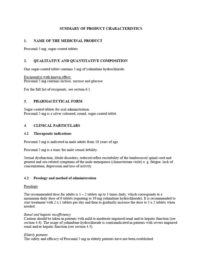 Procomil 5mg Sugar-Coated Tablets (Yohimbine Hydrochloride) | PDF ...