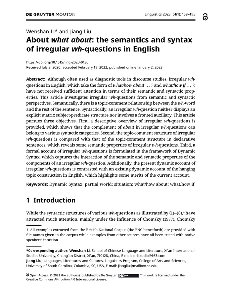 The Semantics and Syntax of Irregular Wh-Questions in English | PDF