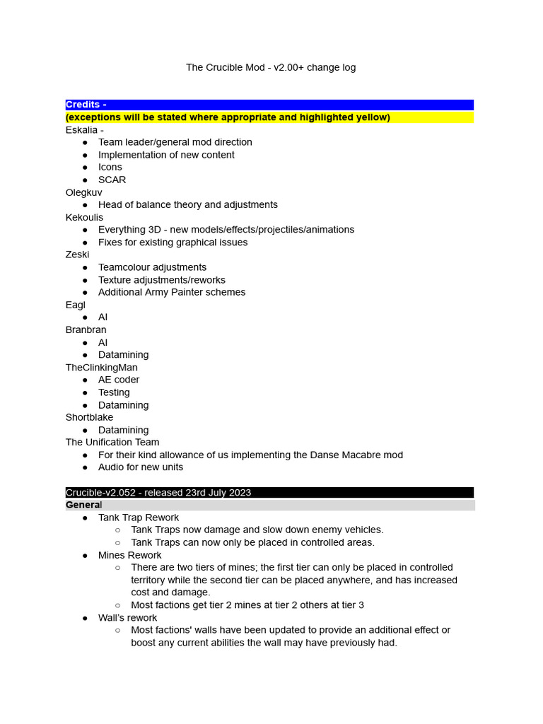 The Crucible Mod - Patch Notes - V2.01-V2.052 | PDF