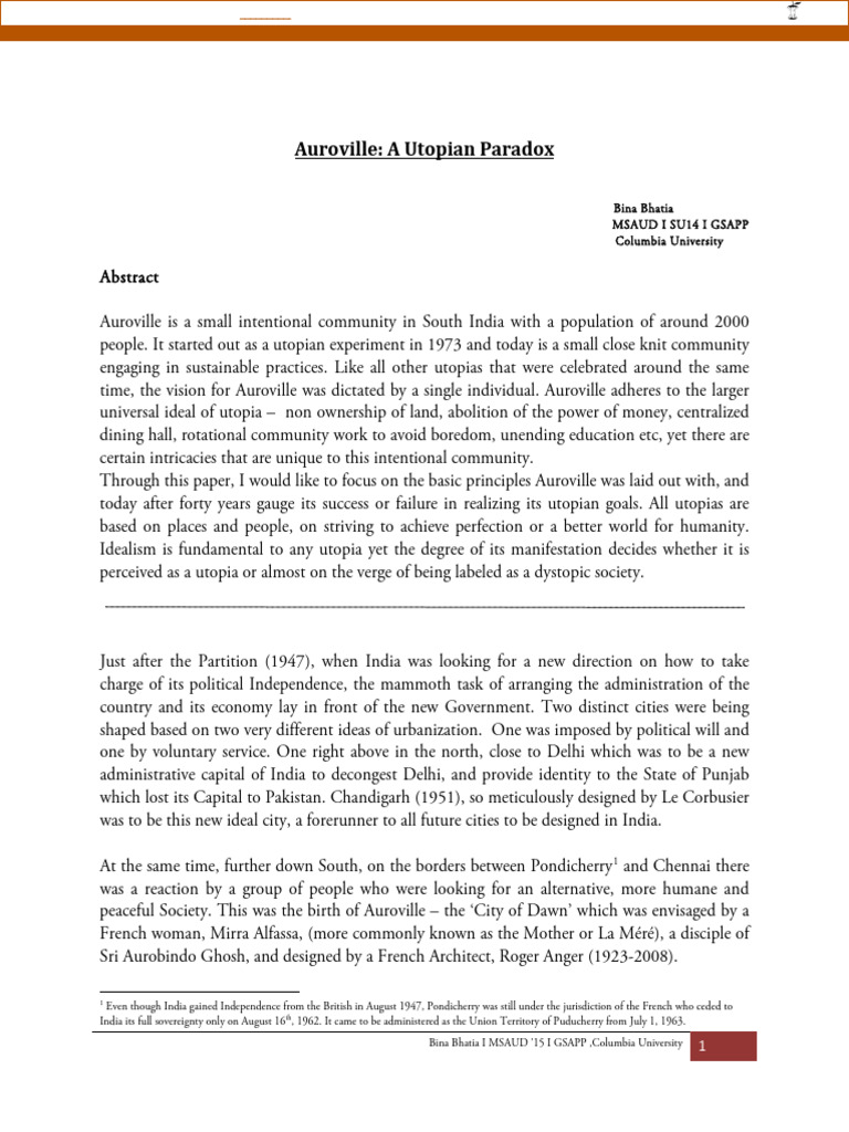 Auroville a Utopian Paradox | PDF