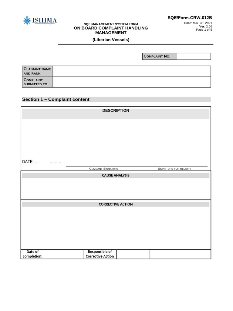 Form CRW-012B On board Complaint Form Liberian Vessels 2 06 | PDF