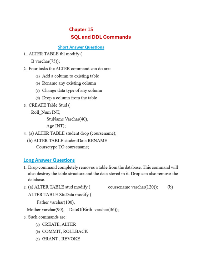 Class 10 Ch 15 SQL and DDL Commands | PDF