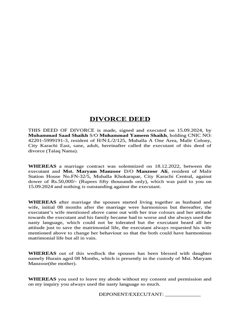 Divorce Deed Saad | PDF