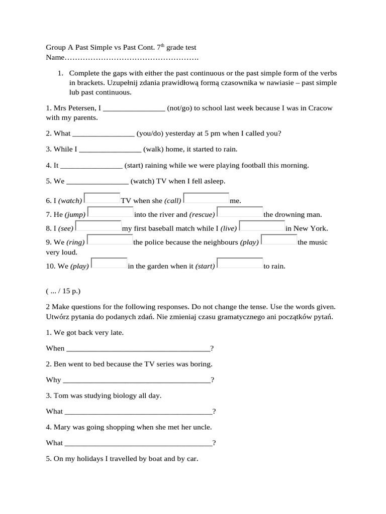 Past Sim Past Cont 7th Grade Test A | PDF