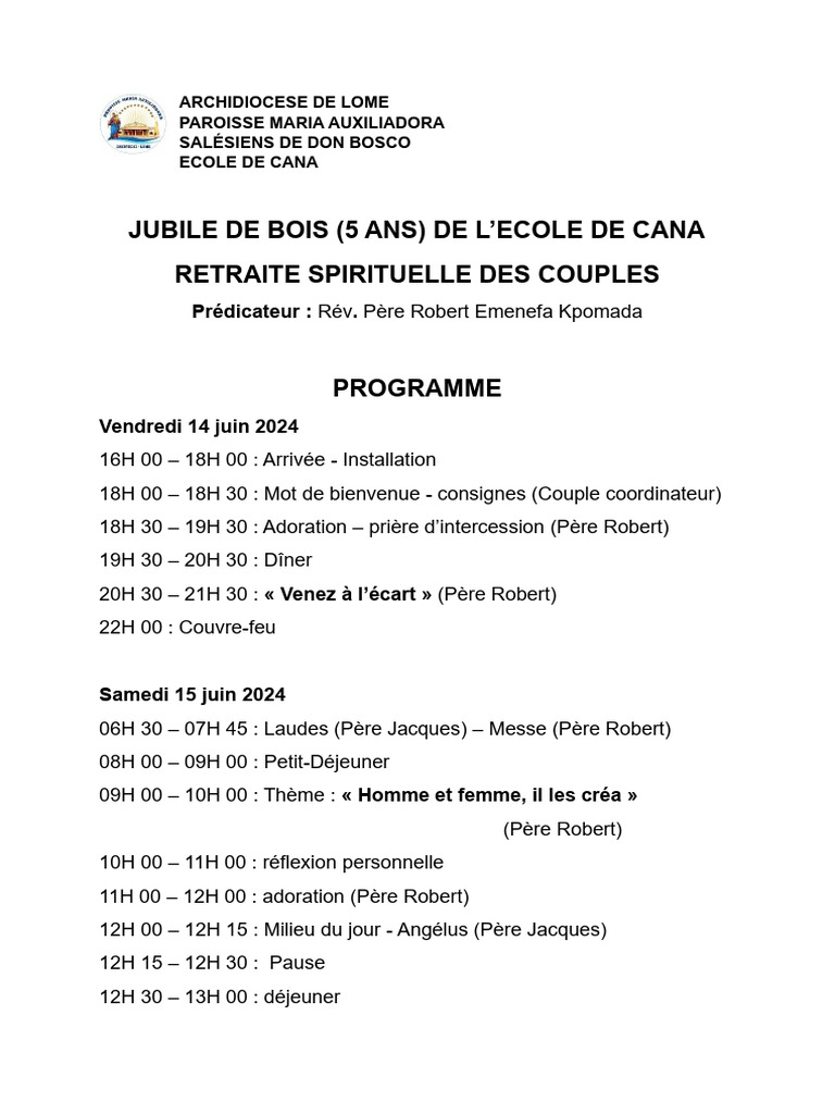 Programme Retraite Des Couples 2024 | PDF