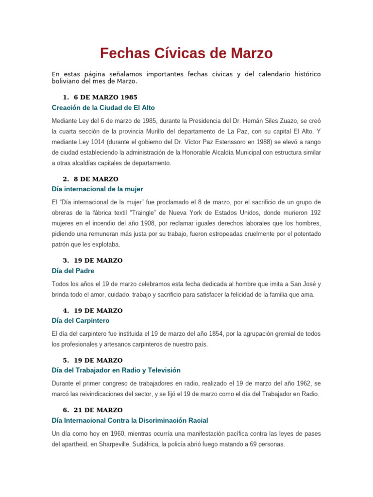 Fechas Cívicas de Marzo | PDF
