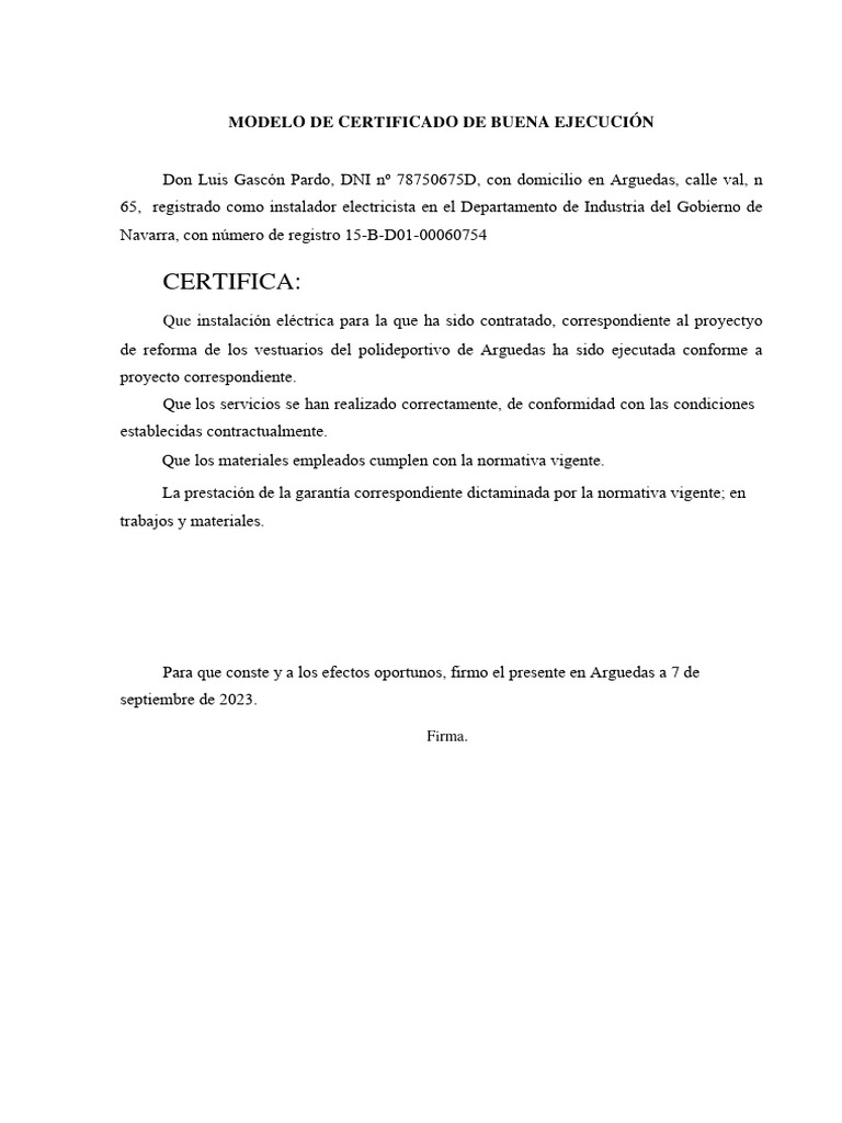 Modelo de Certificado de Buena Ejecucion | PDF