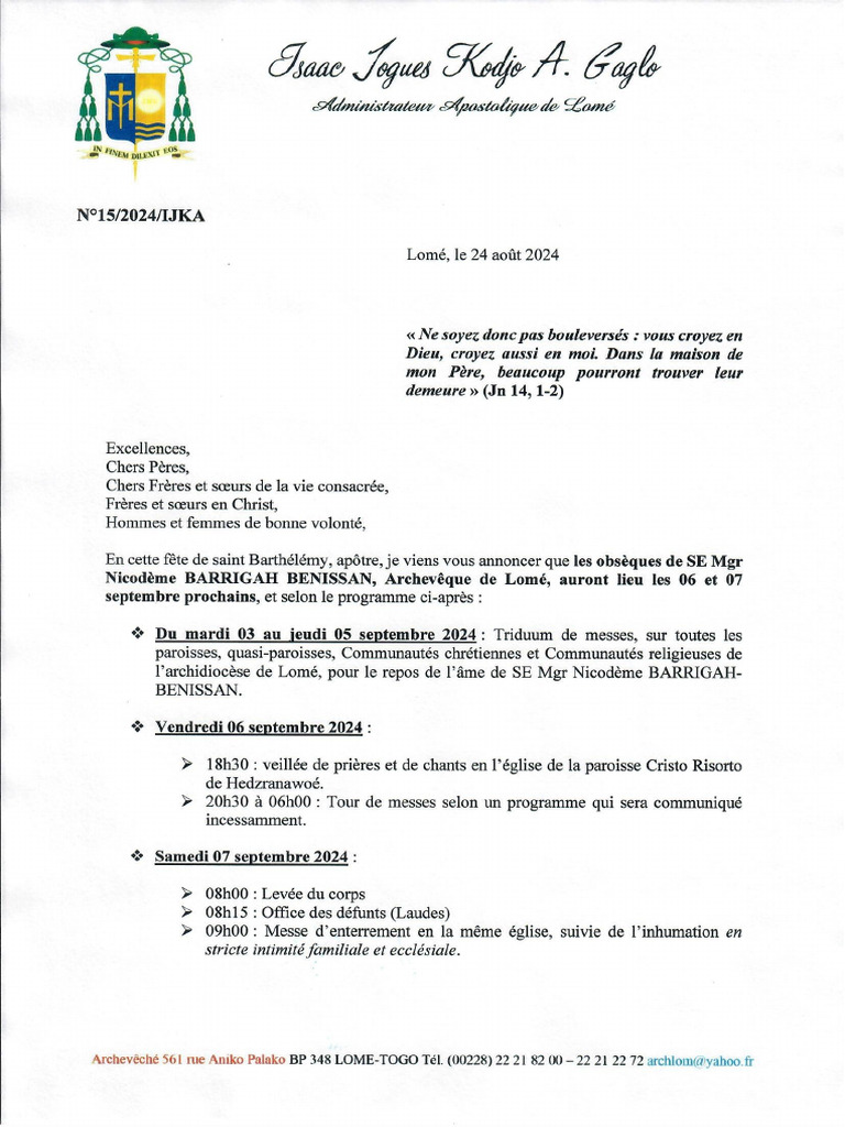 N°15-24 Circulaire Programme Des Obsèques MGR Barrigah | PDF