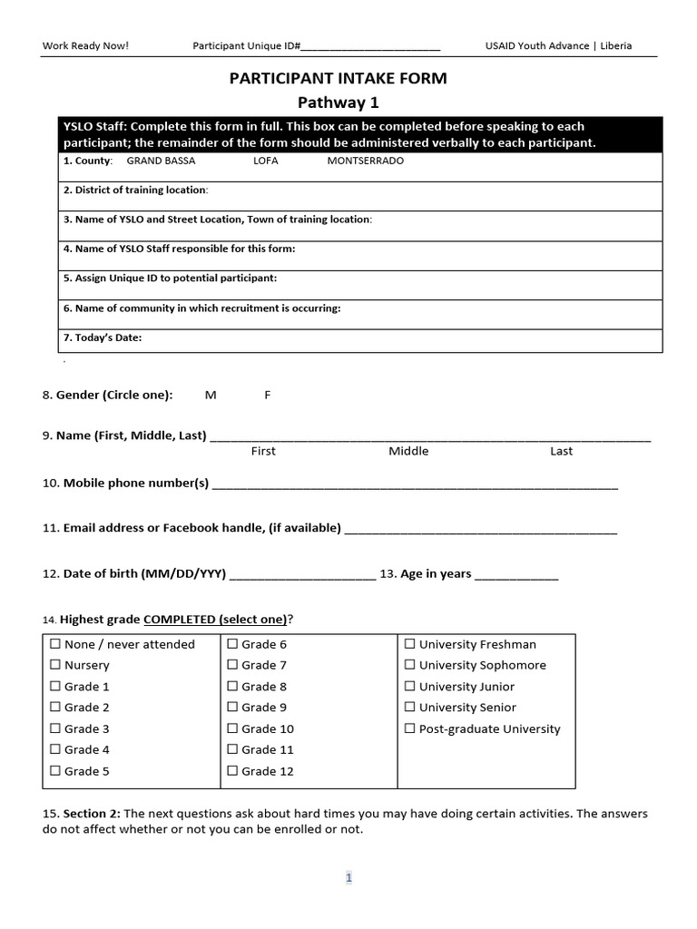 P1 Tool #1 - Participant Intake Form USAID Youth Advance | PDF