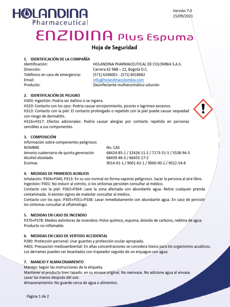 18 MSDS-ENZIDINA-PLUS-ESPUMA | PDF