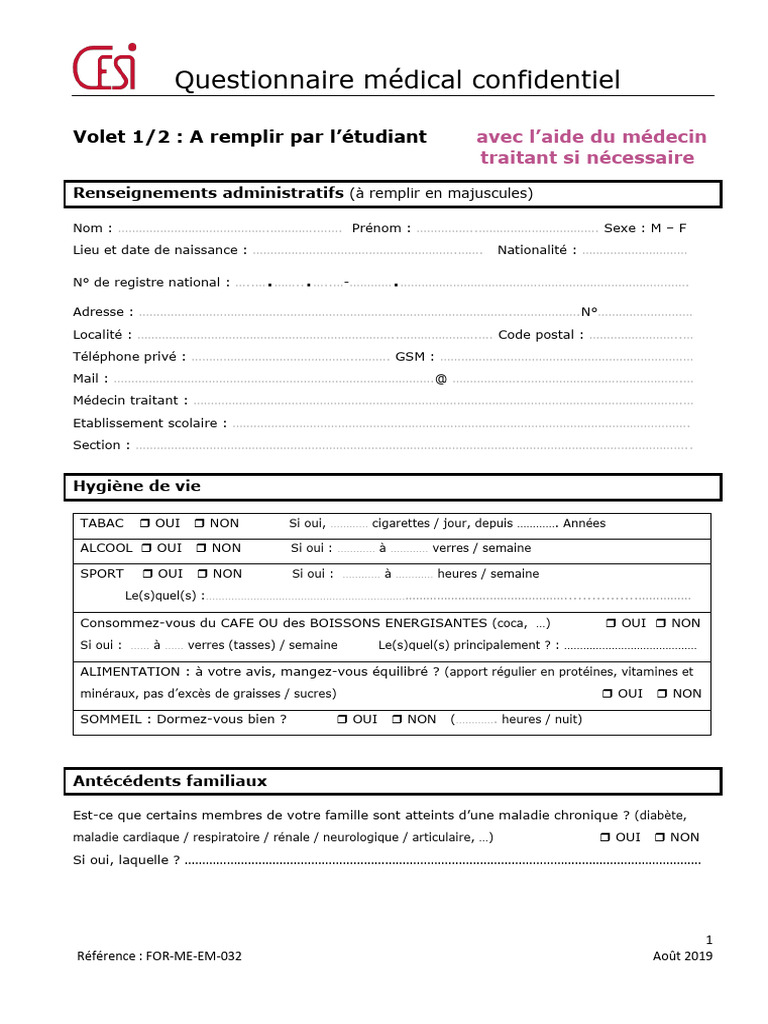 CESI Questionnaire Médical A COMPLETER | PDF
