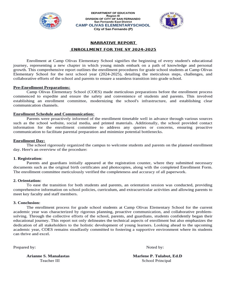 Enrollment Narrative Report - Sittie Alyanna N. Zacaria | PDF