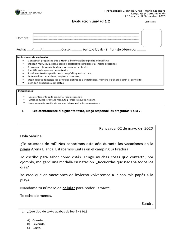 Prueba Lenguaje - U1.2 | PDF