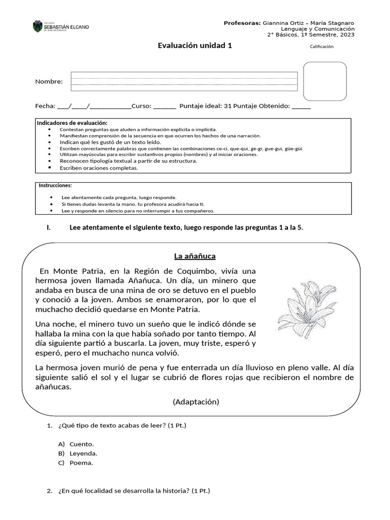 Prueba Lenguaje - U1 | PDF
