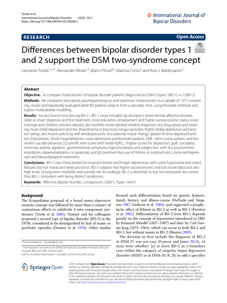 Differences Between Bipolar 1 and 2 Support The DSM Two-Syndrome ...