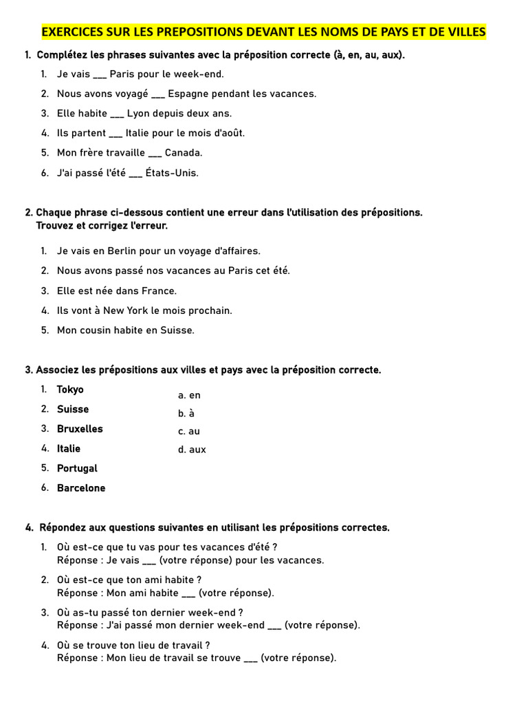 Exercices Sur Les Prepositions Devant Les Noms de Pays Et de Villes ...
