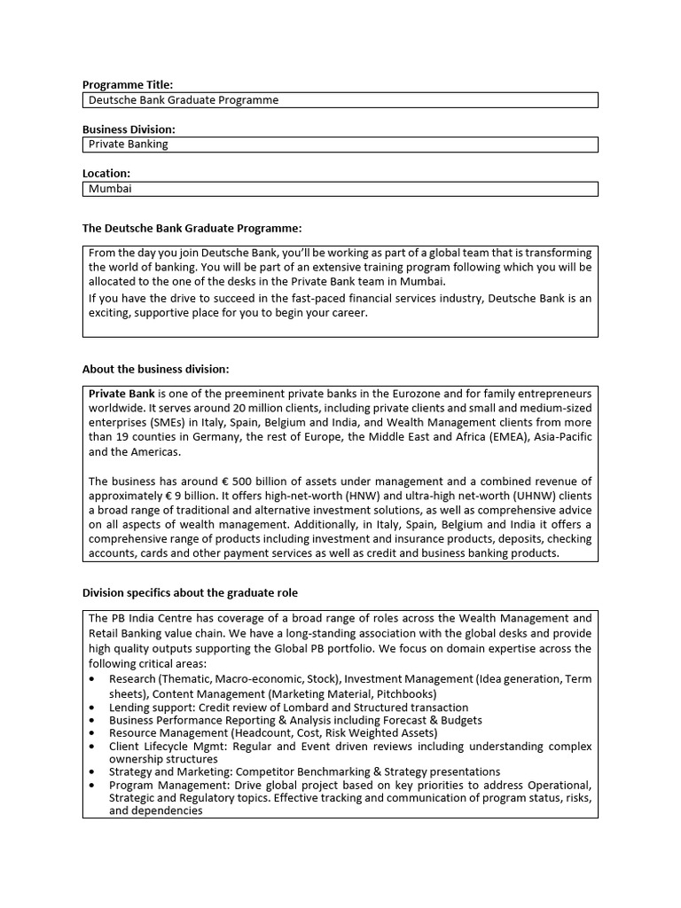 Deutsche Bank Graduate Programme Mumbai | PDF | Banks | Parental Leave