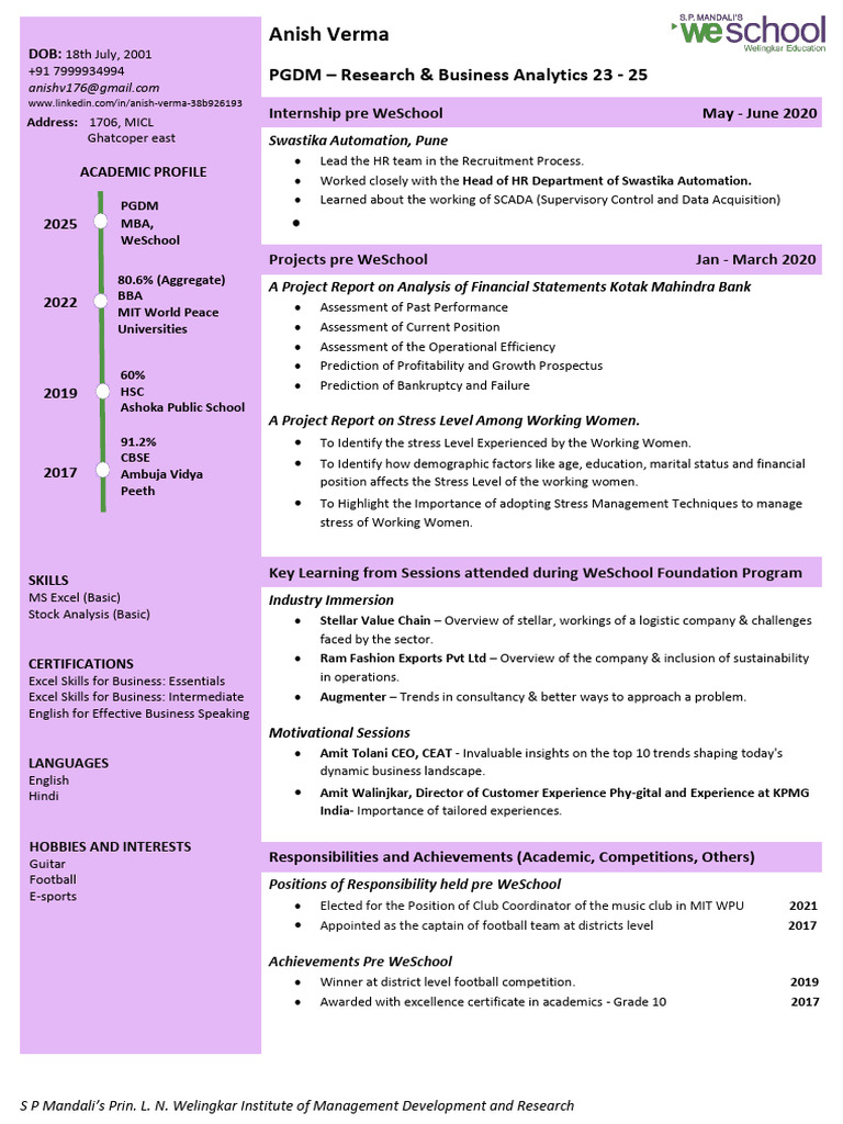 Anish Verma's Academic and Internship Profile | PDF | Business | Career ...