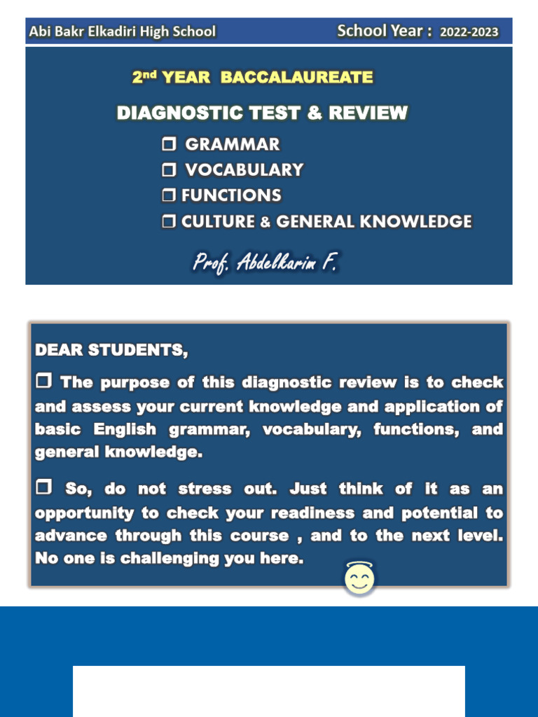 2 BAC DIAGNOSTIC REVIEW - Grammar - Vocabulary - Functions - General ...