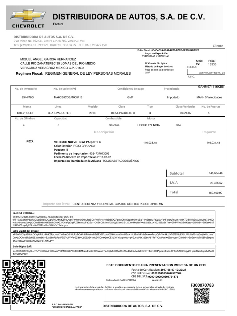 Factura Beat 2018 Distribuidora de Autos, S.A. de C.V | PDF | Vehículo de motor | Tecnologías ...