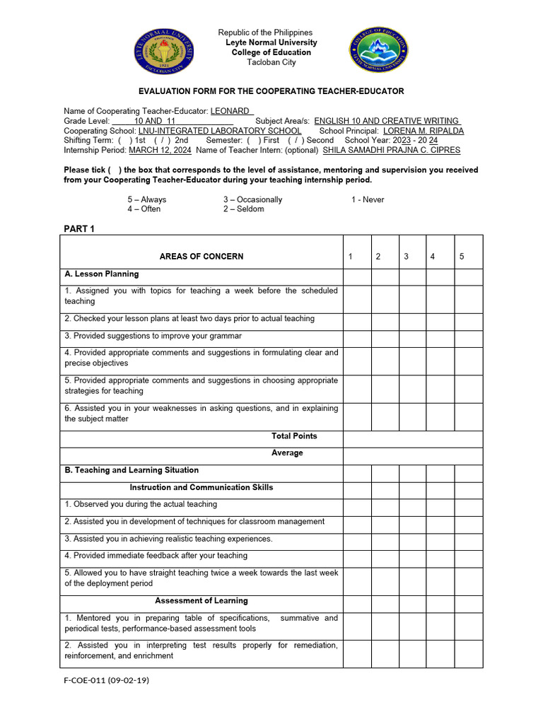 EVALUATION-FOR-COOPERATING-TEACHER-EDUCATOR-1 (1) | PDF