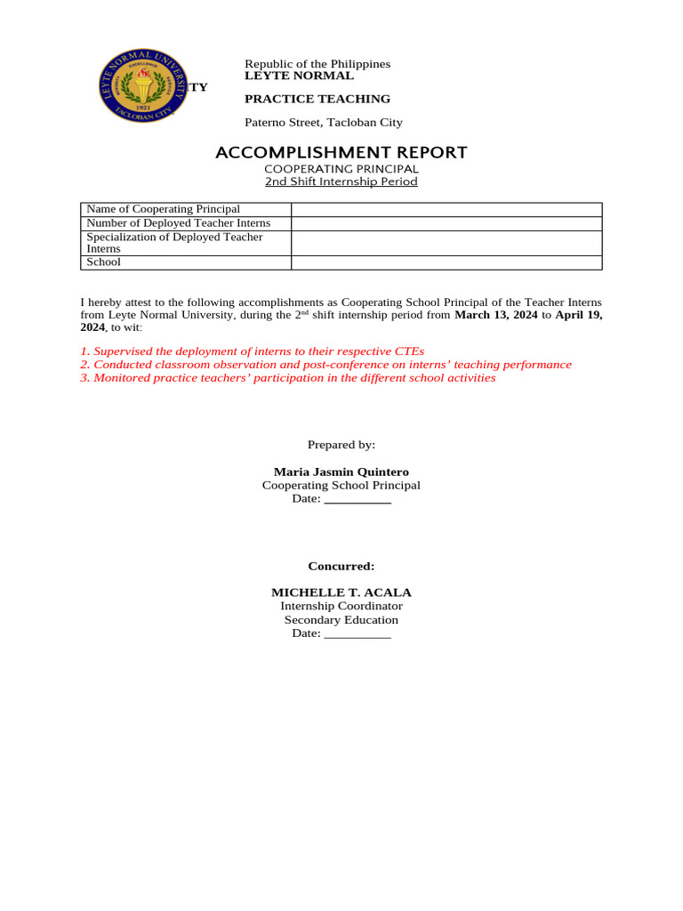 ACCOMPLISHMENT REPORT TEMPLATE FOR PRINCIPAL | PDF