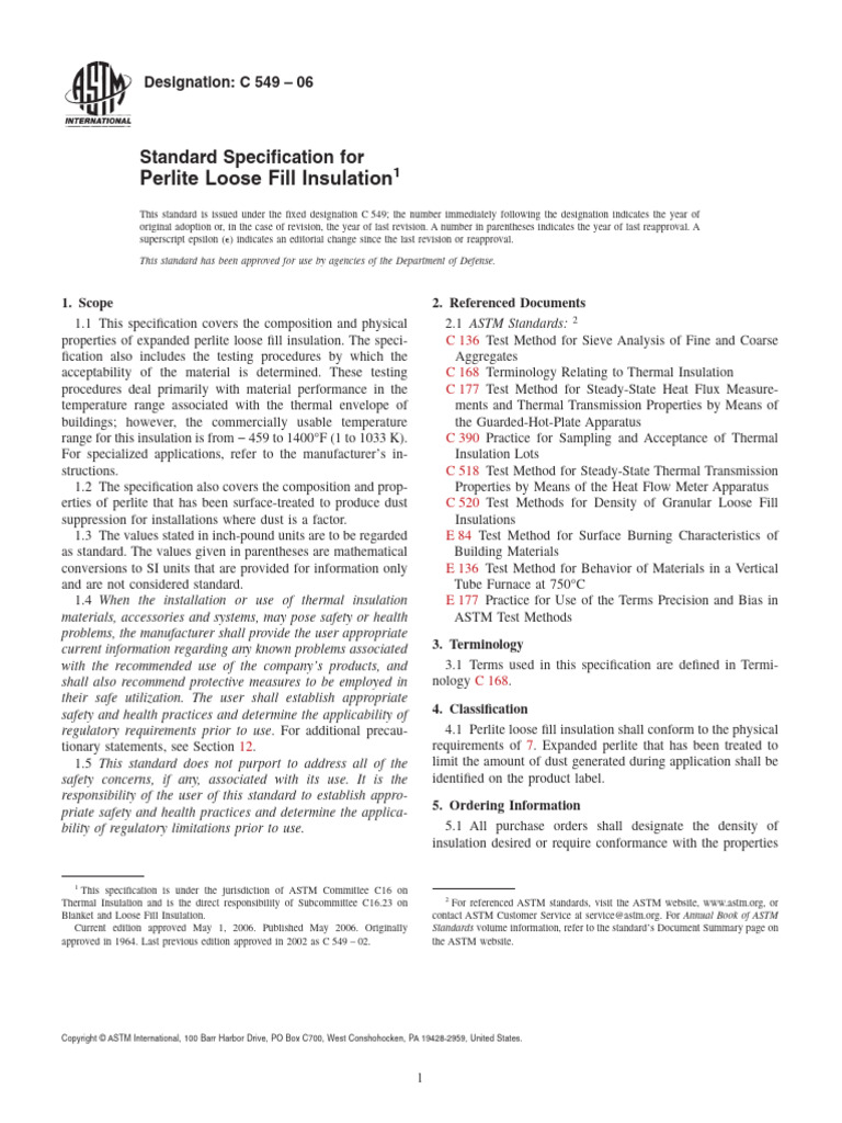 Perlite Loose Fill Insulation: Standard Specification For | PDF