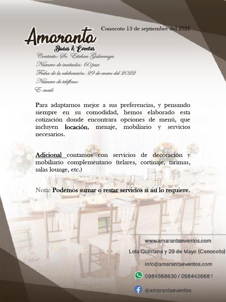 PROPUESTA AMARANTA EVENTOS Sr. Esteban Galarraga | PDF | ensalada | Postres