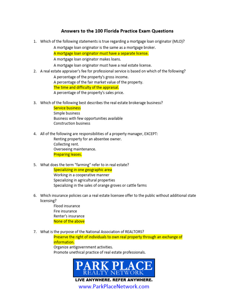 Answers To The 100 Florida Real Estate Practice Exams 2 | PDF