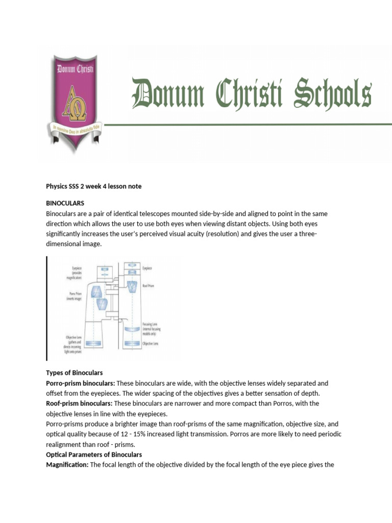 Physics SSS 2 Lesson note: Binoculars | PDF