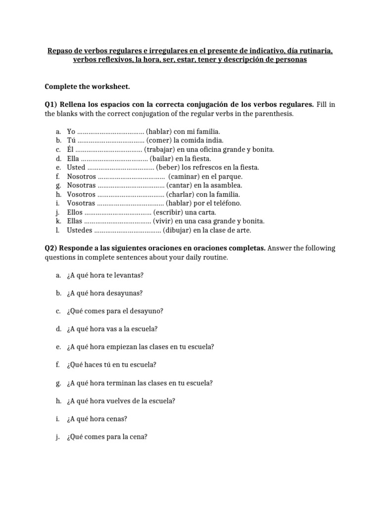 Repaso de Verbos Regulares e Irregulares en El Pre Ejercicios de ...