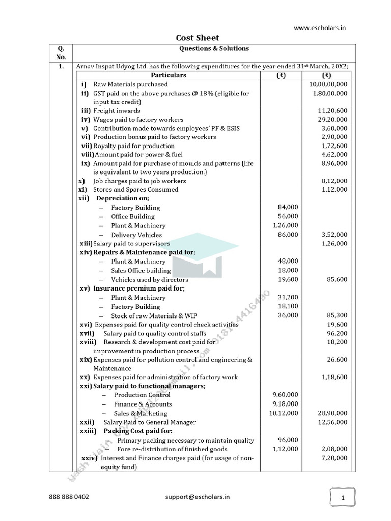 Cost Sheet | PDF