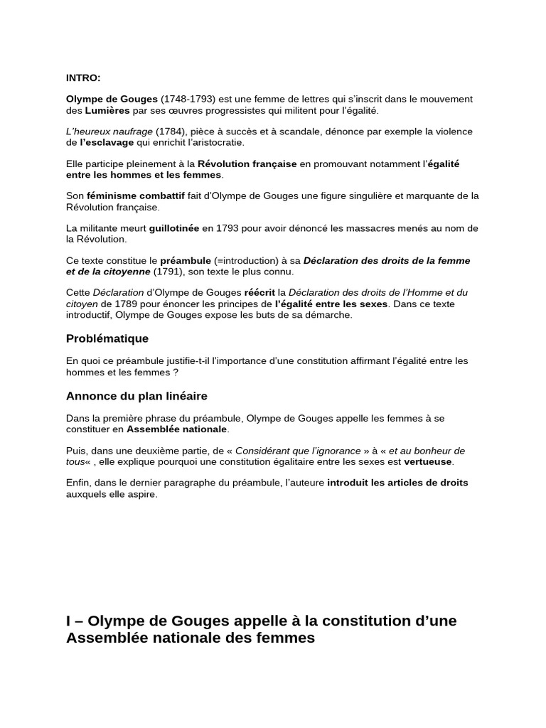 Analyse Lineaire Préambule - Olympe de Gouge | PDF