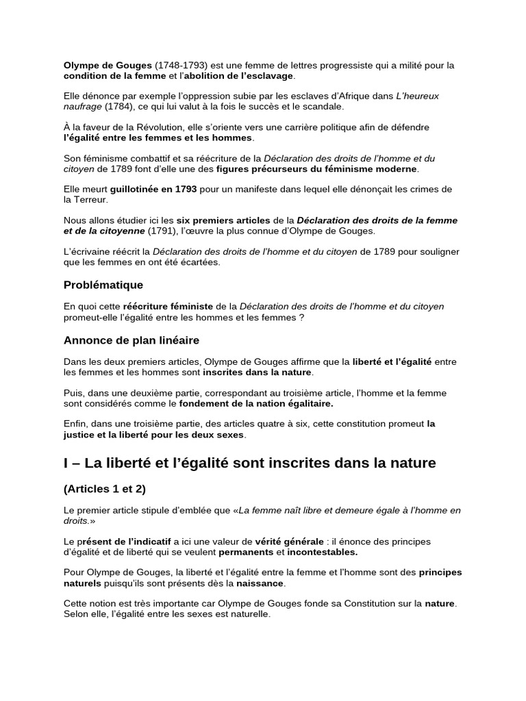 Analyse Lineaire Articles 1 À 6 Olympe de Gouges | PDF