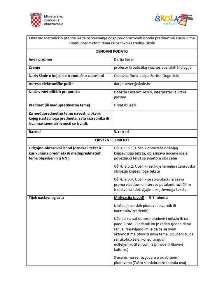 HRVATSKI JEZIK 5 OŠ Dobriša Cesarić Jesen Interpretacija Lirske Pjesme ...