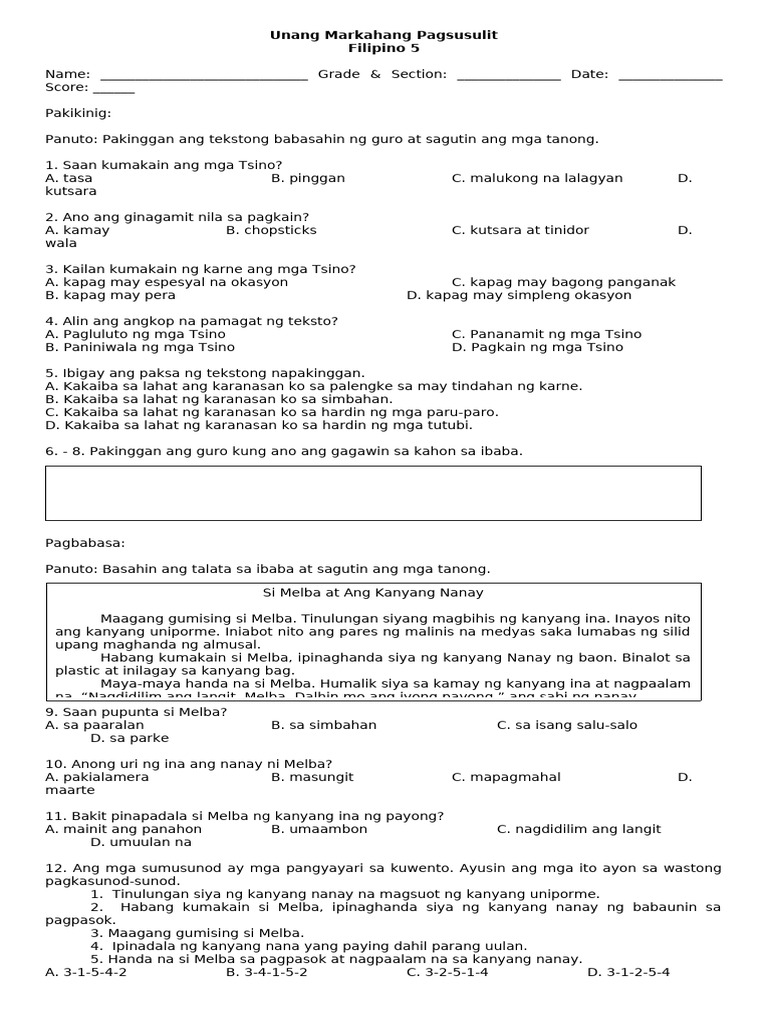 First Periodic Test in Filipino - Questionnaire | PDF