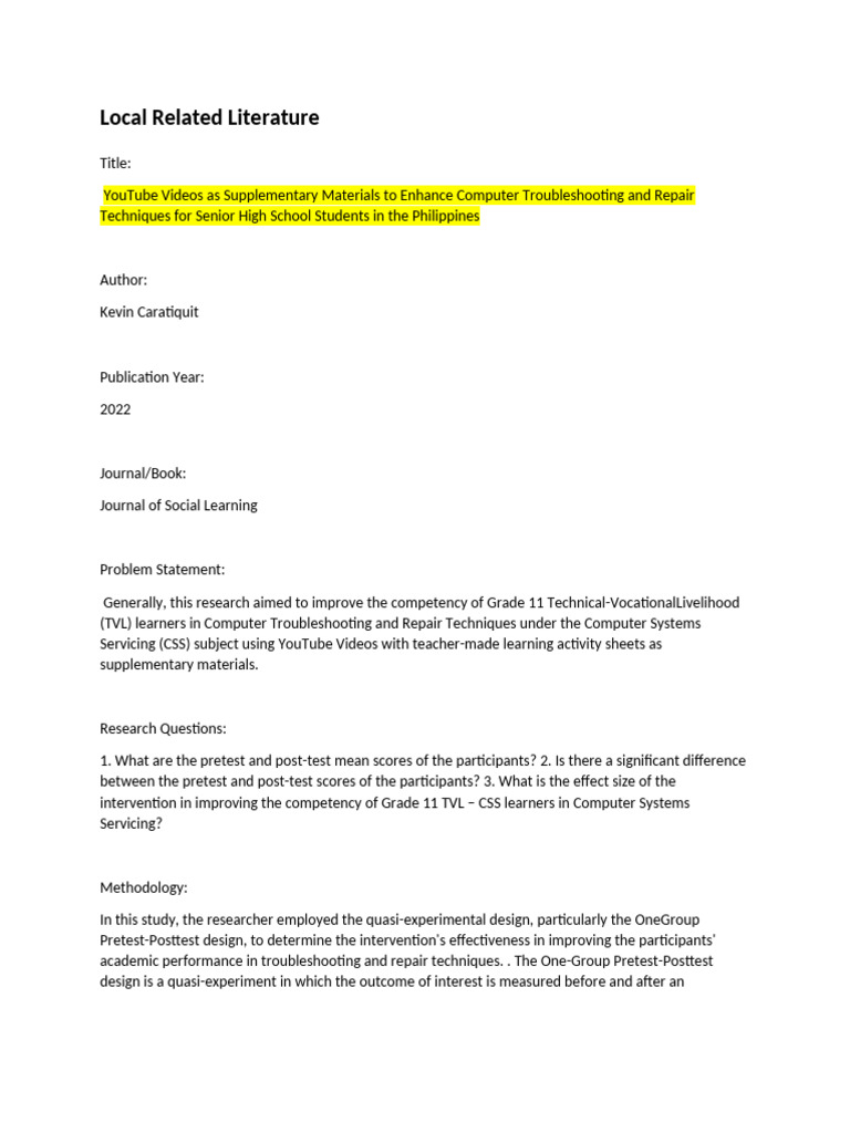 Local Related Literature | PDF | Teachers | Methodology