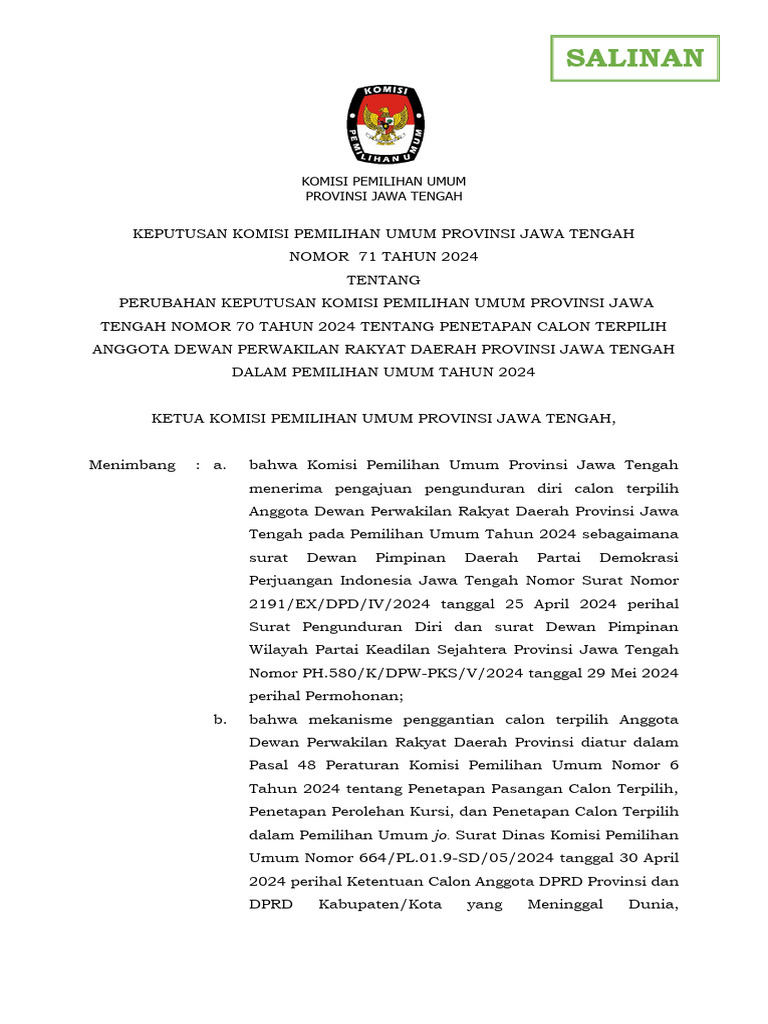 SK Kpu Jateng 71 Tahun 2024 | PDF